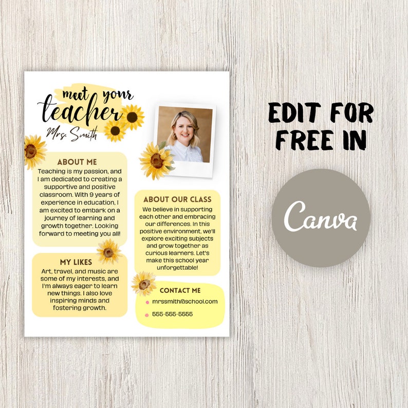 Meet the Teacher Editable Sunflower Themed Template, Teacher Finds ...