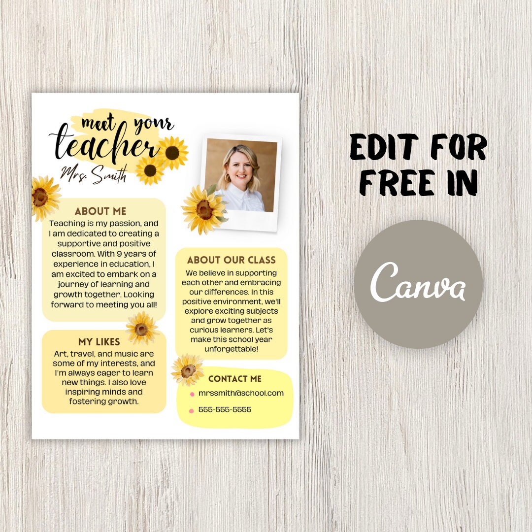 Meet the Teacher Editable Sunflower Themed Template, Teacher Finds ...