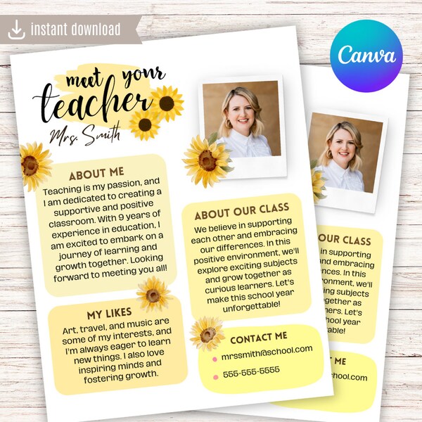 Sunflower Meet the Teacher Template - Etsy