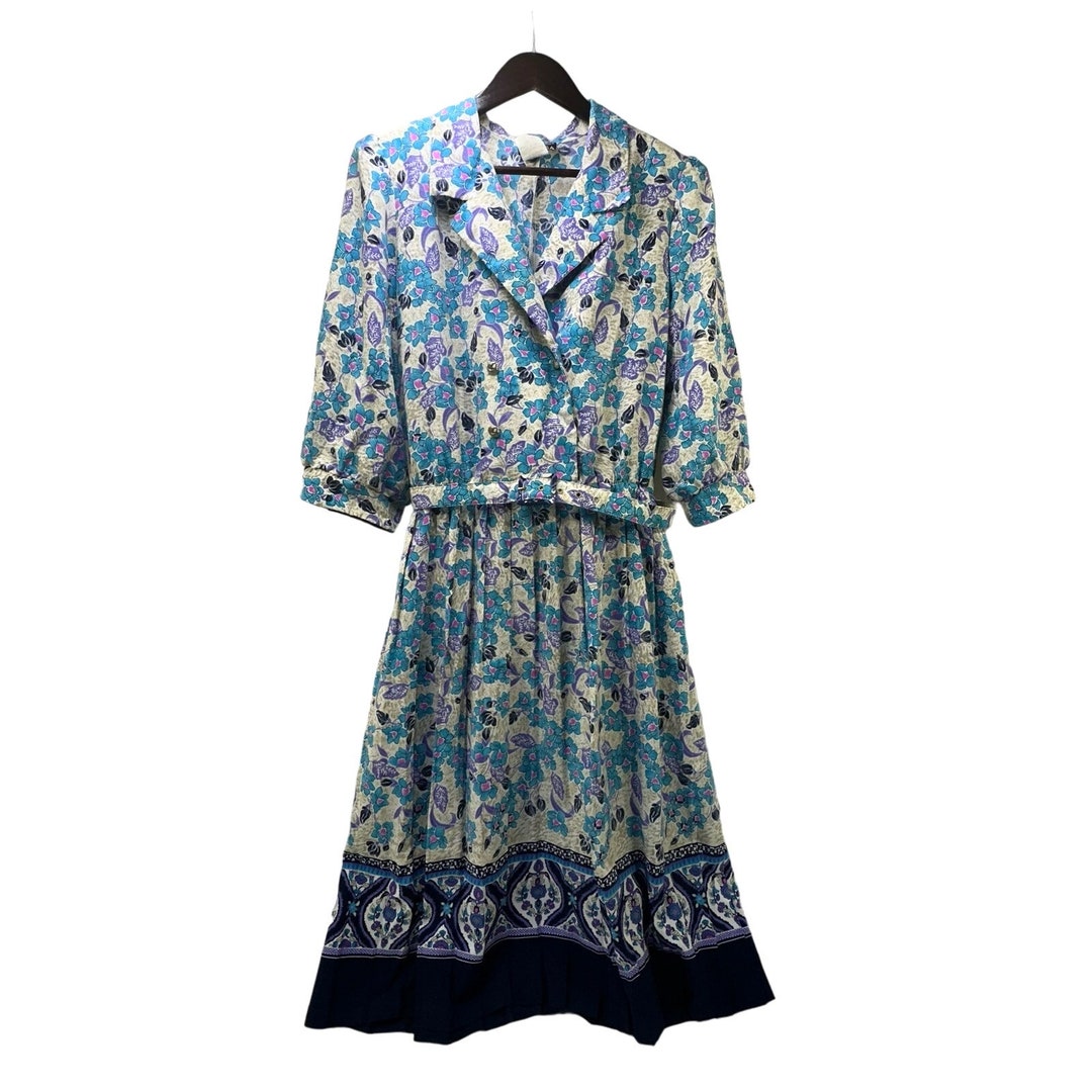 Vintage 90s Breli Originals Belted Floral Midi Dress Blue Purple Size ...