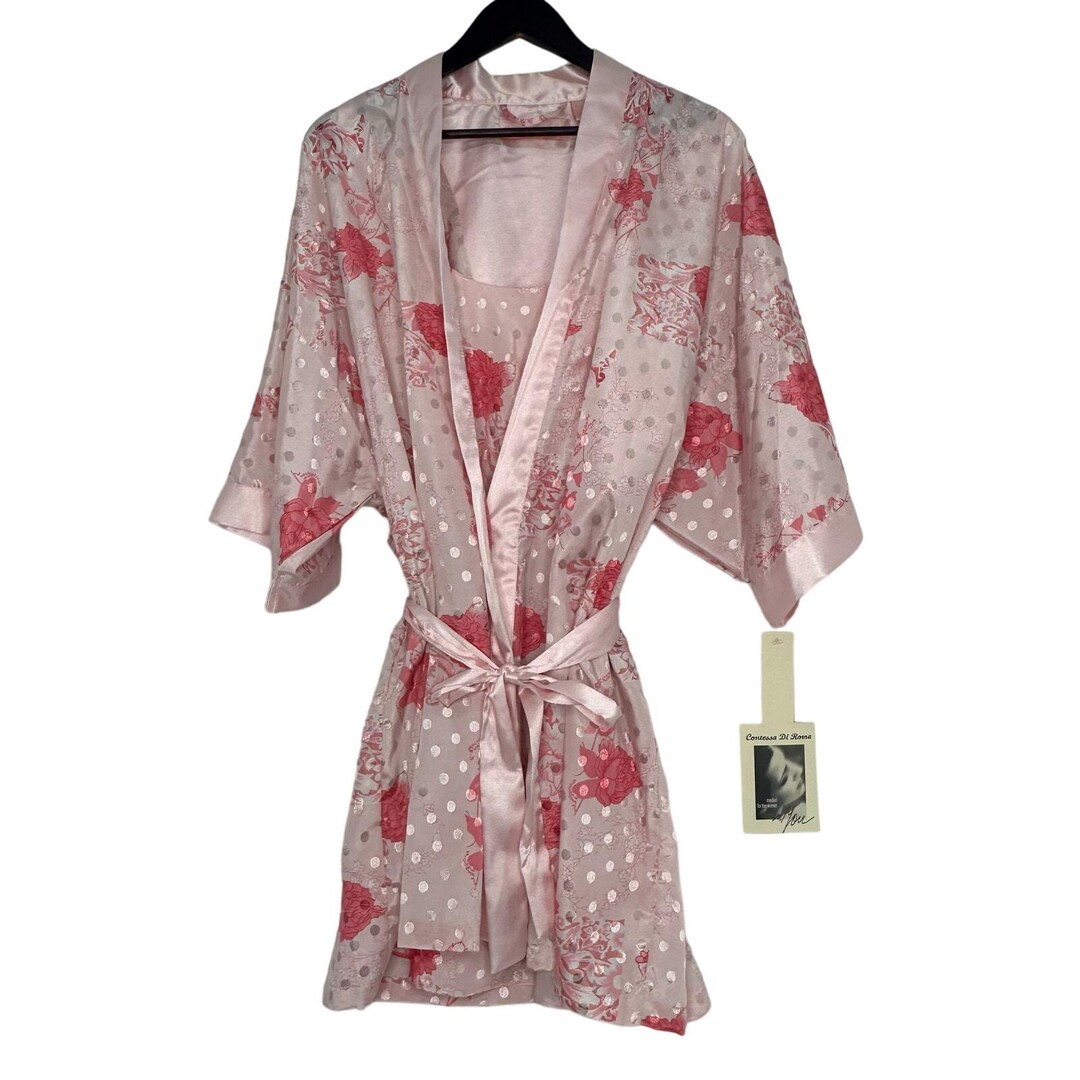 Vintage Contessa Di Roma Satin Gown and Robe XL Pink Floral 1990s ...