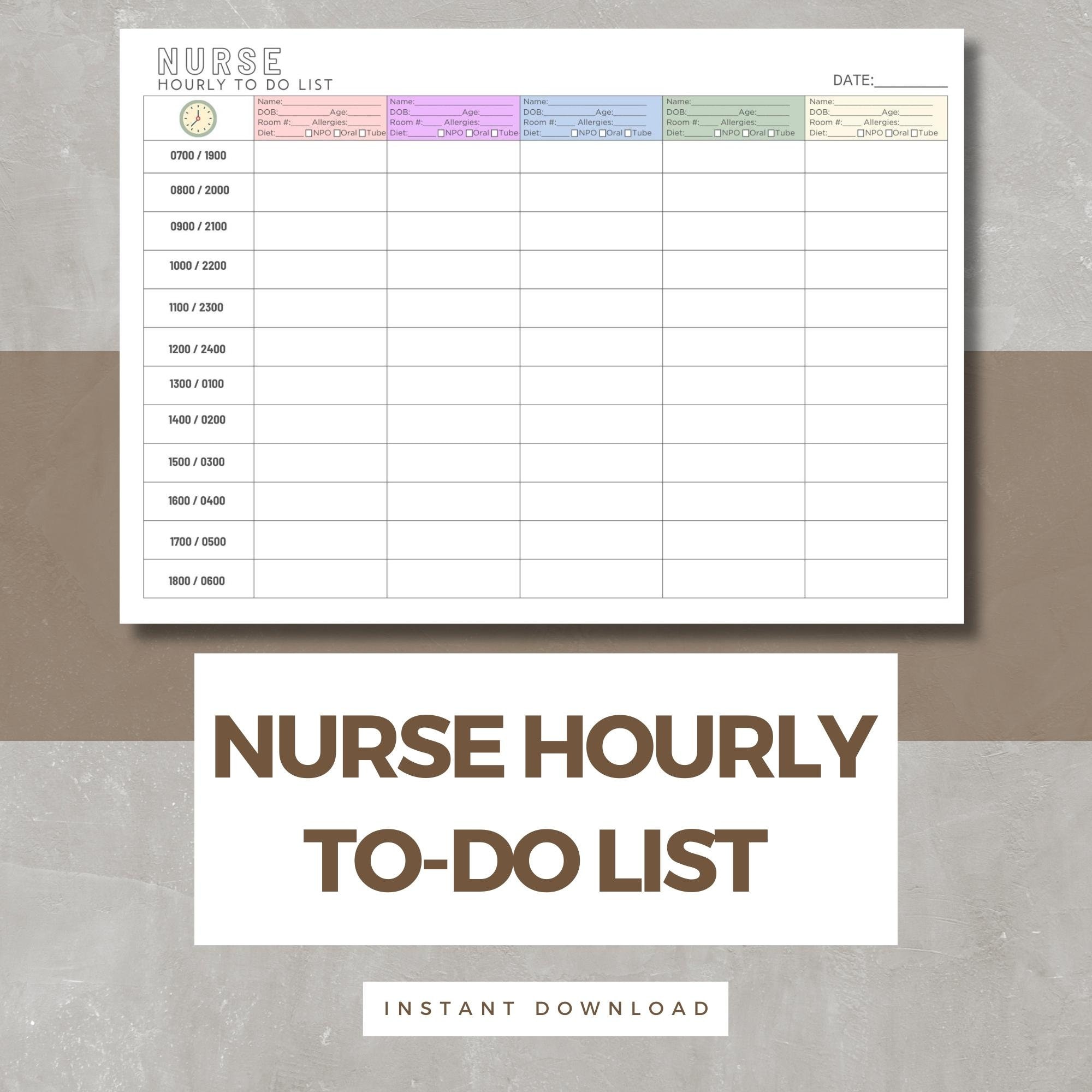 5 Patient Printable Daily Nurse Hourly Rounding to Do List INSTANT ...