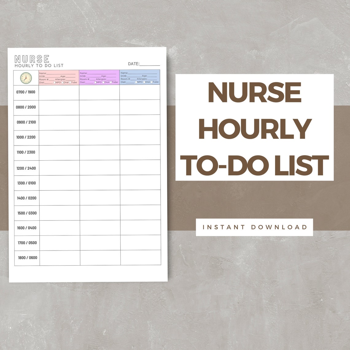 3 Patient Printable Daily Nurse Hourly Rounding to Do List INSTANT ...