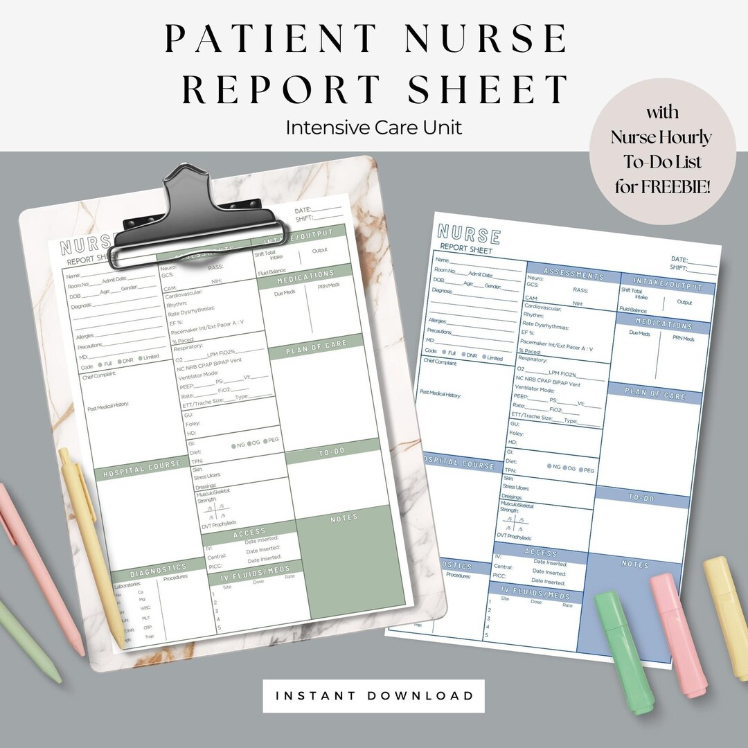 ICU Registered Nurse Report Sheet INSTANT DOWNLOAD Patient Care Handoff ...