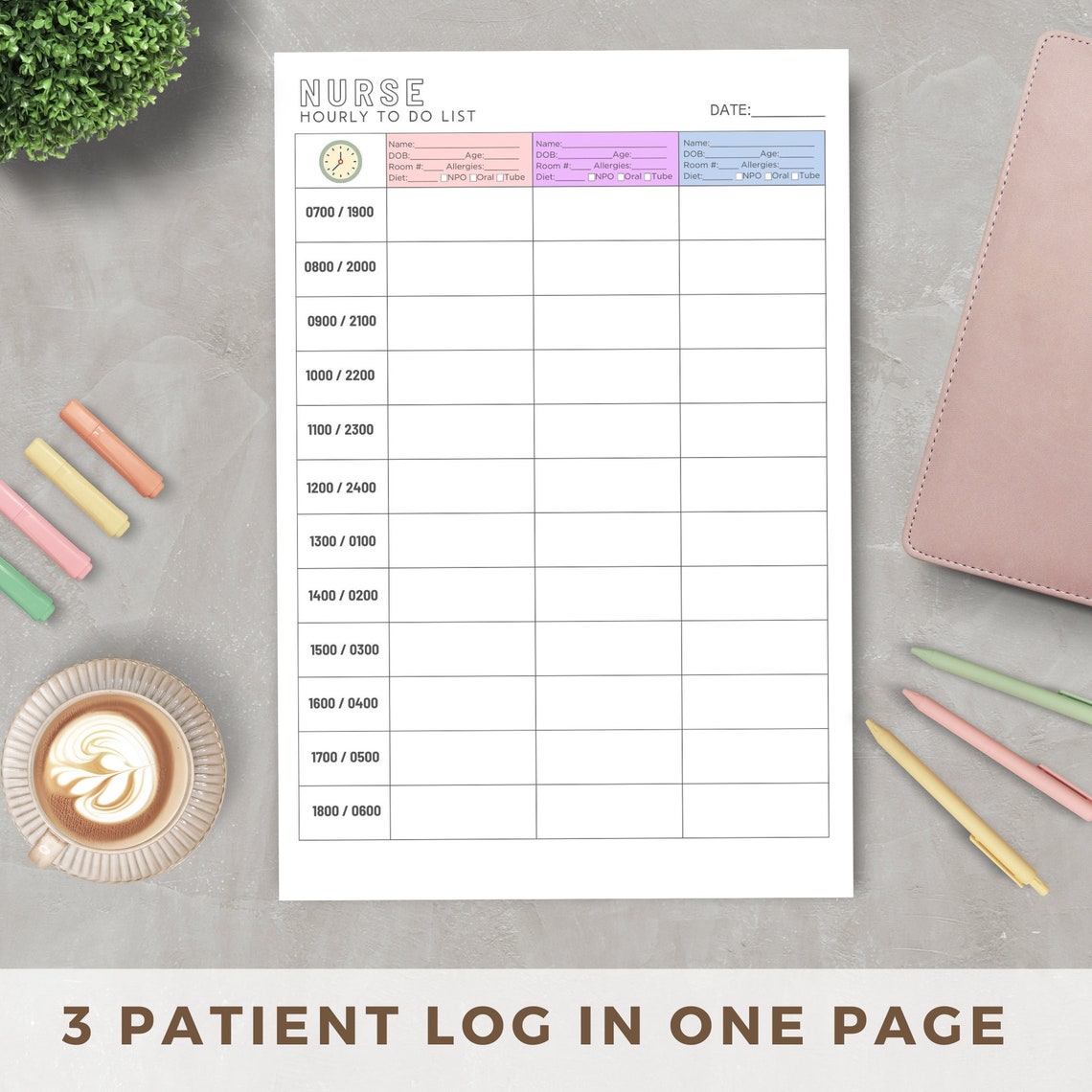 3 Patient Printable Daily Nurse Hourly Rounding to Do List INSTANT ...