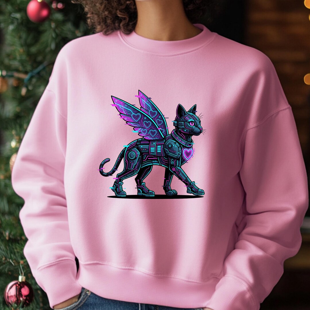 Cyberpunk Cupid Cat Valentine Shirt | Neon Tech Love Cat Sweatshirt ...