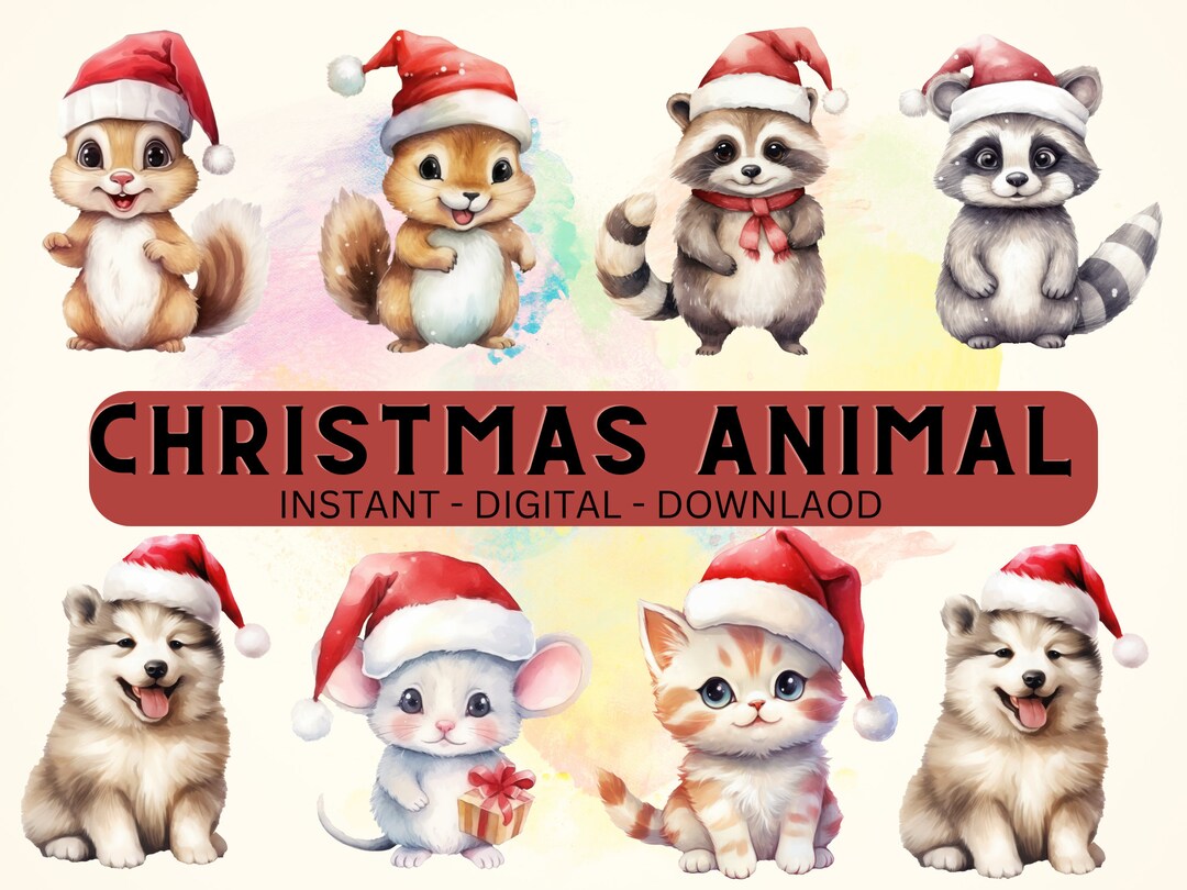 Christmas Animals Watercolor Clipart Bundle , Animal Holiday Images ...