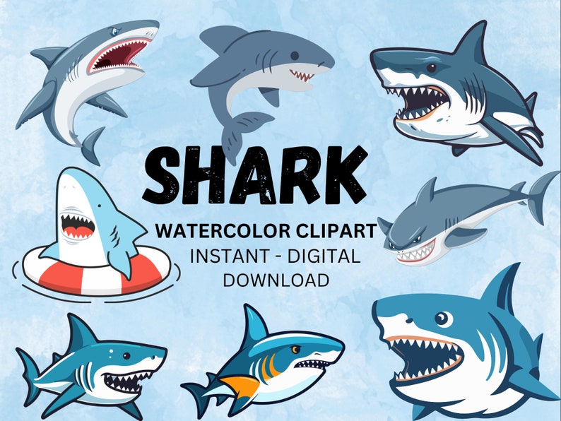 Watercolor Shark Clipart, Ocean Life, Sea Animals, Baby Shark Clipart ...
