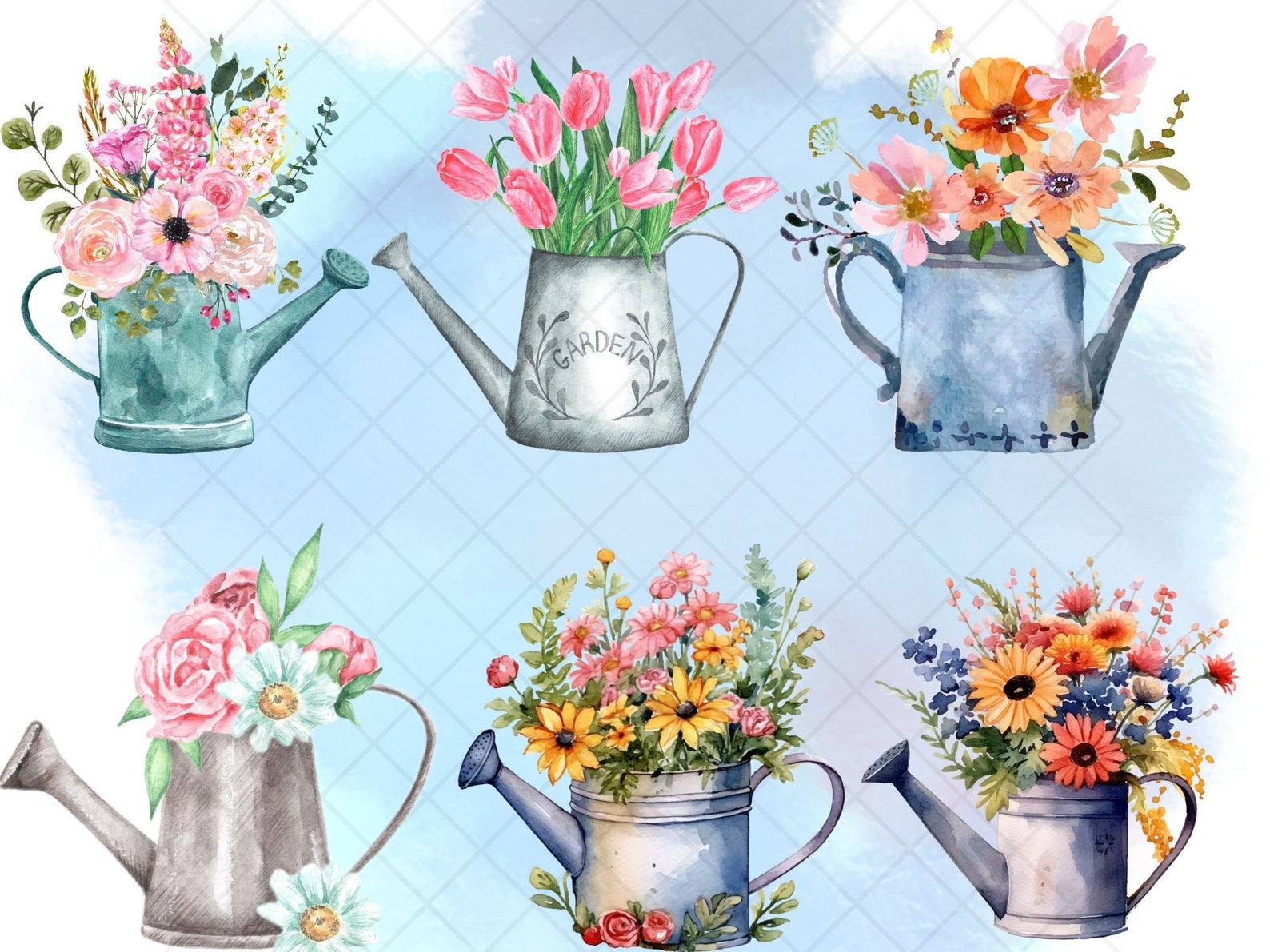 Watercolor Floral Watering Can Clipart Bundle\ Floral Watering Can ...