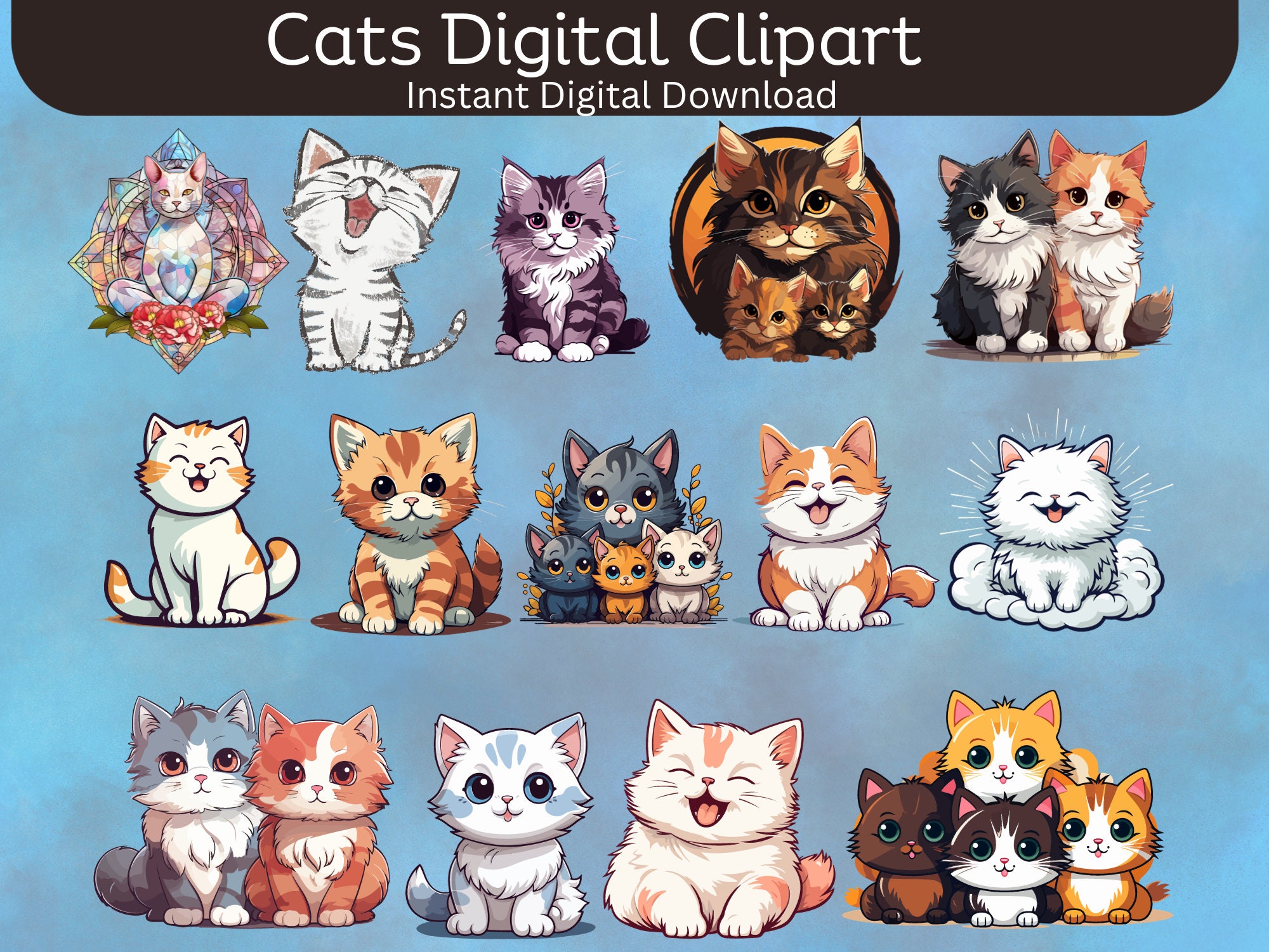 Cats Digital Clipart , Cats Png , Cats Watercolor Clipart, Cats Clipart ...