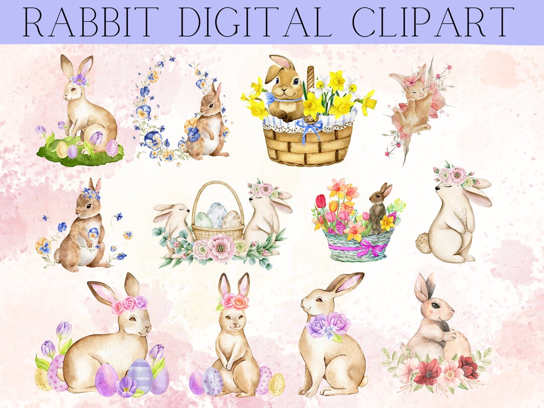 Rabbit Digital Clipart , Rabbit Png , Watercolor Rabbits Clipart , Cute ...