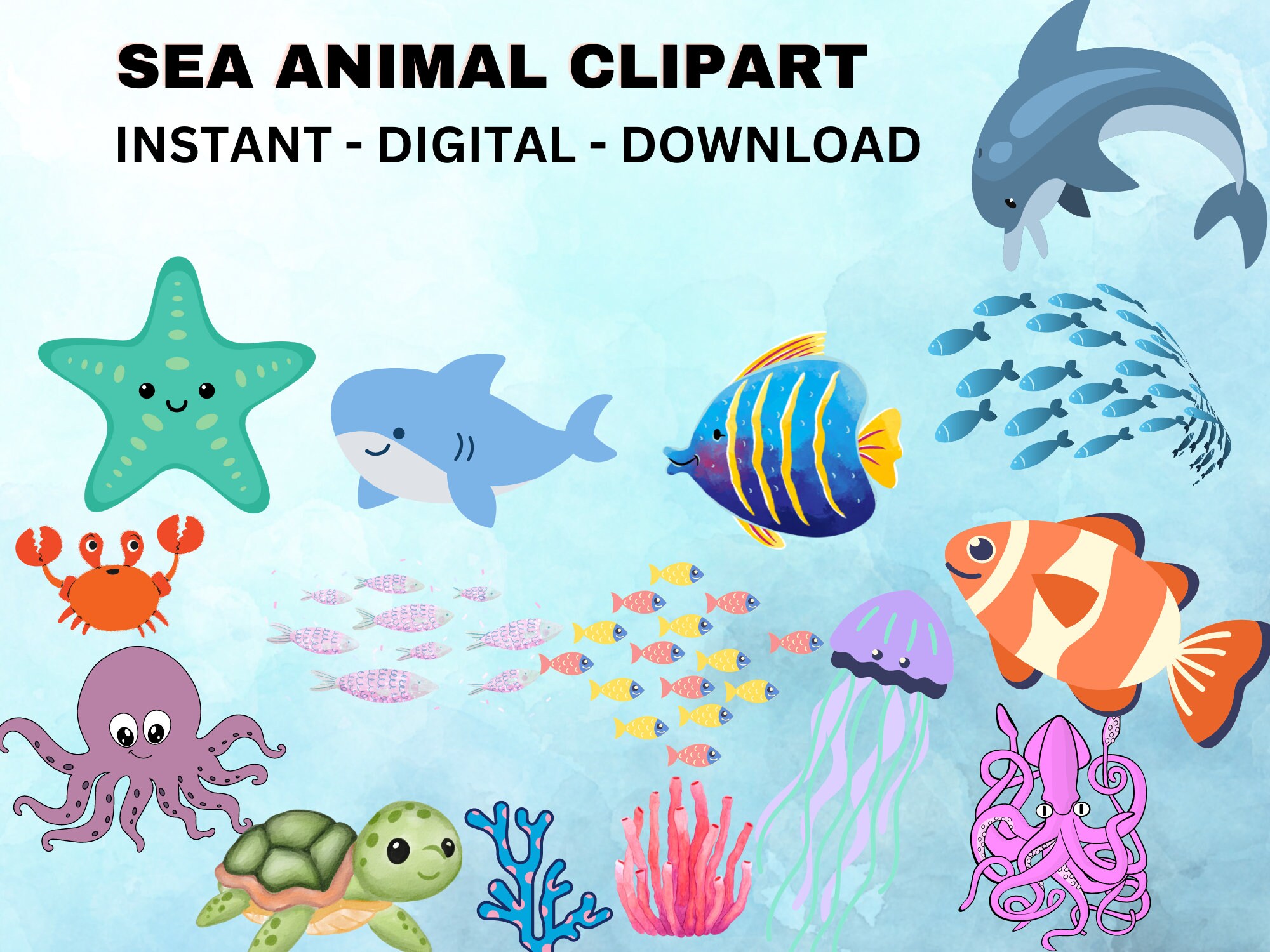 Sea Animals Clipart, Cute Ocean Animals Clipart, Nautical, Watercolor ...