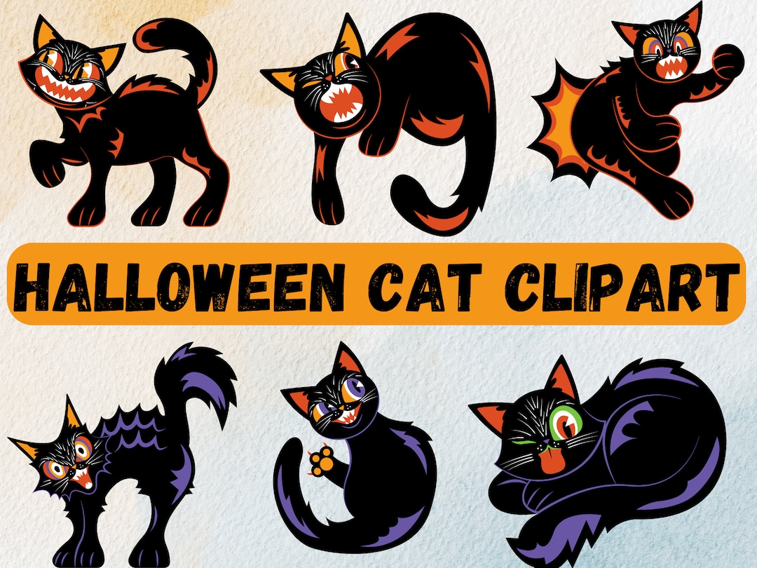 Halloween Retro Cats Watercolor Clipart, Cat Clipart, Halloween Vintage ...