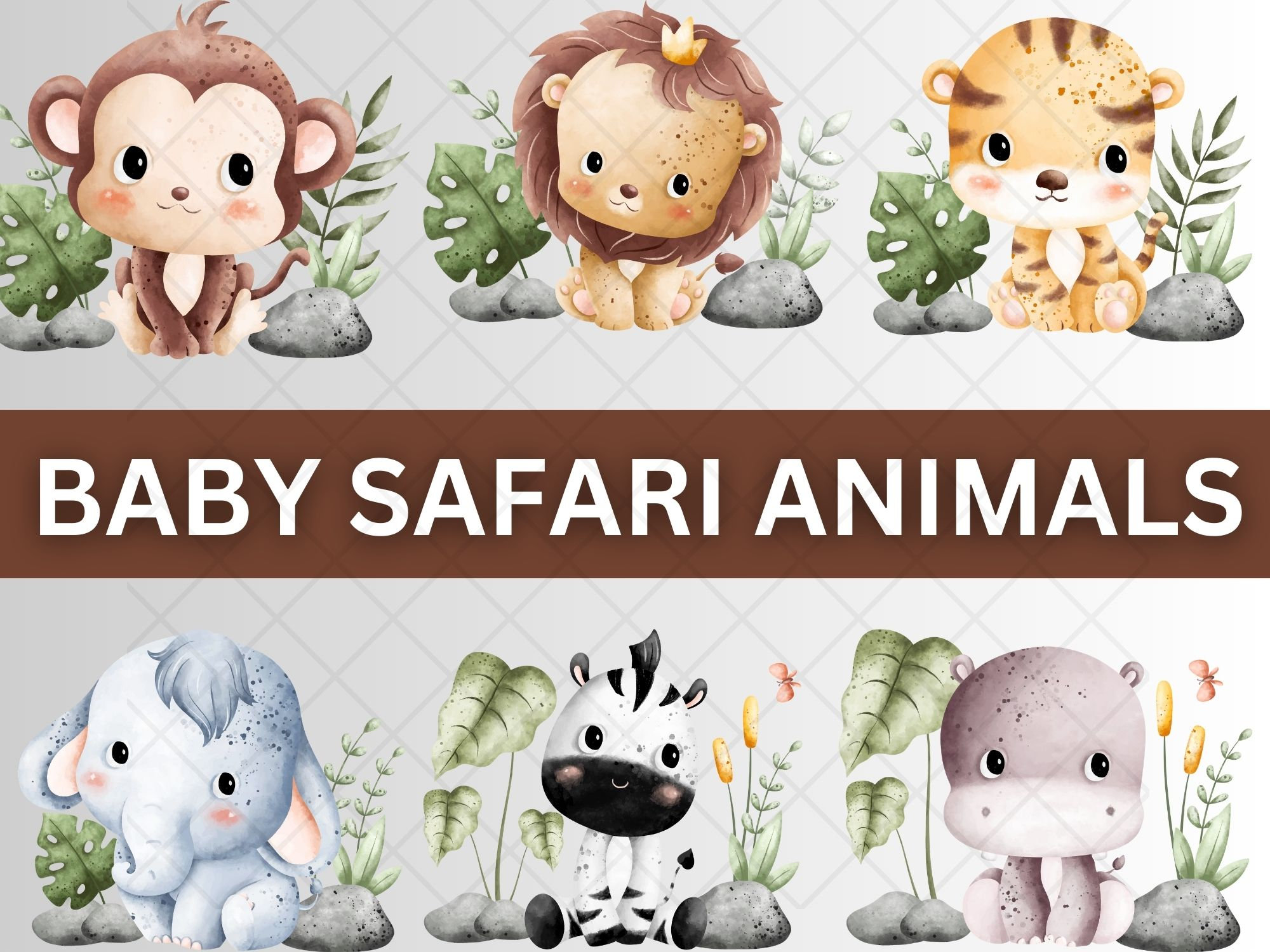 Safari Baby Animals Watercolor Clipart Cute Baby Shower Nursery Decor ...