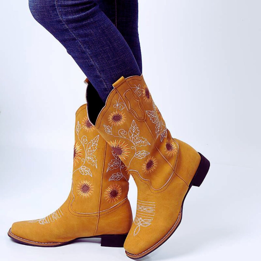 Womens Western Mid Calf Boots Sunflower Embroidery Zipper Shoes Fashion ...