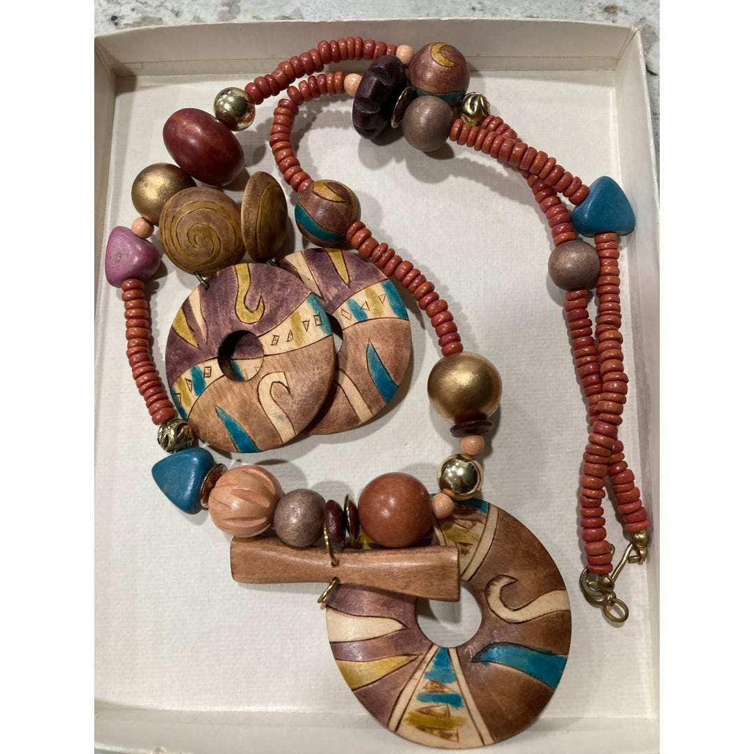 Inlaid and Hand Painted Teak Wood Pierced Earrings & Necklace - Etsy