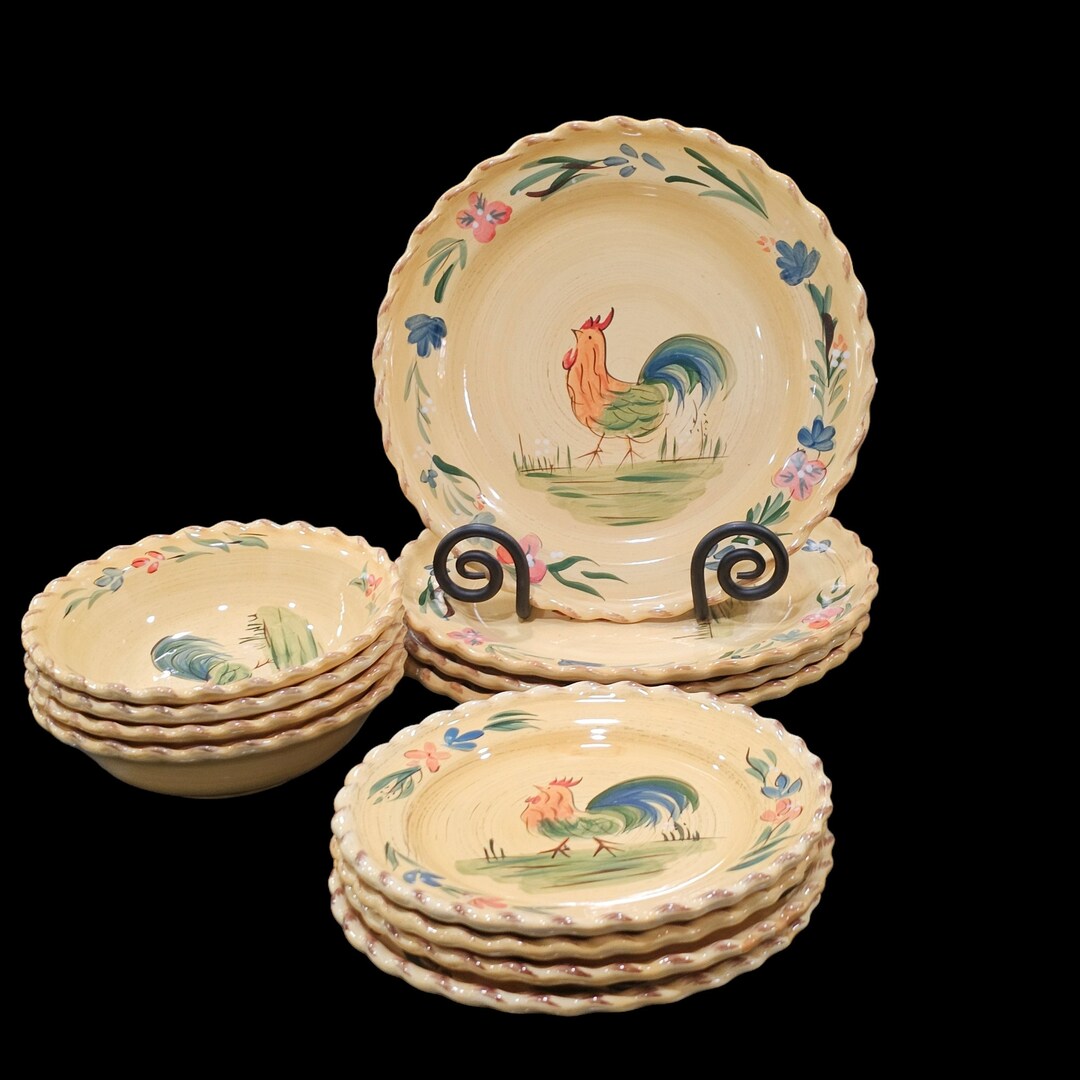 Home Assorted Serve Ware Yellow With Hand Painted Rooster Plates Bowls ...