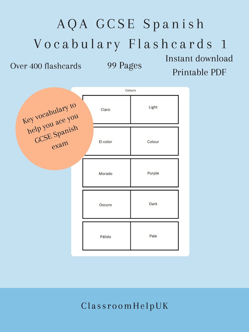 AQA GCSE Spanish Vocabulary Flashcards Set 1 Over 400 Key - Etsy