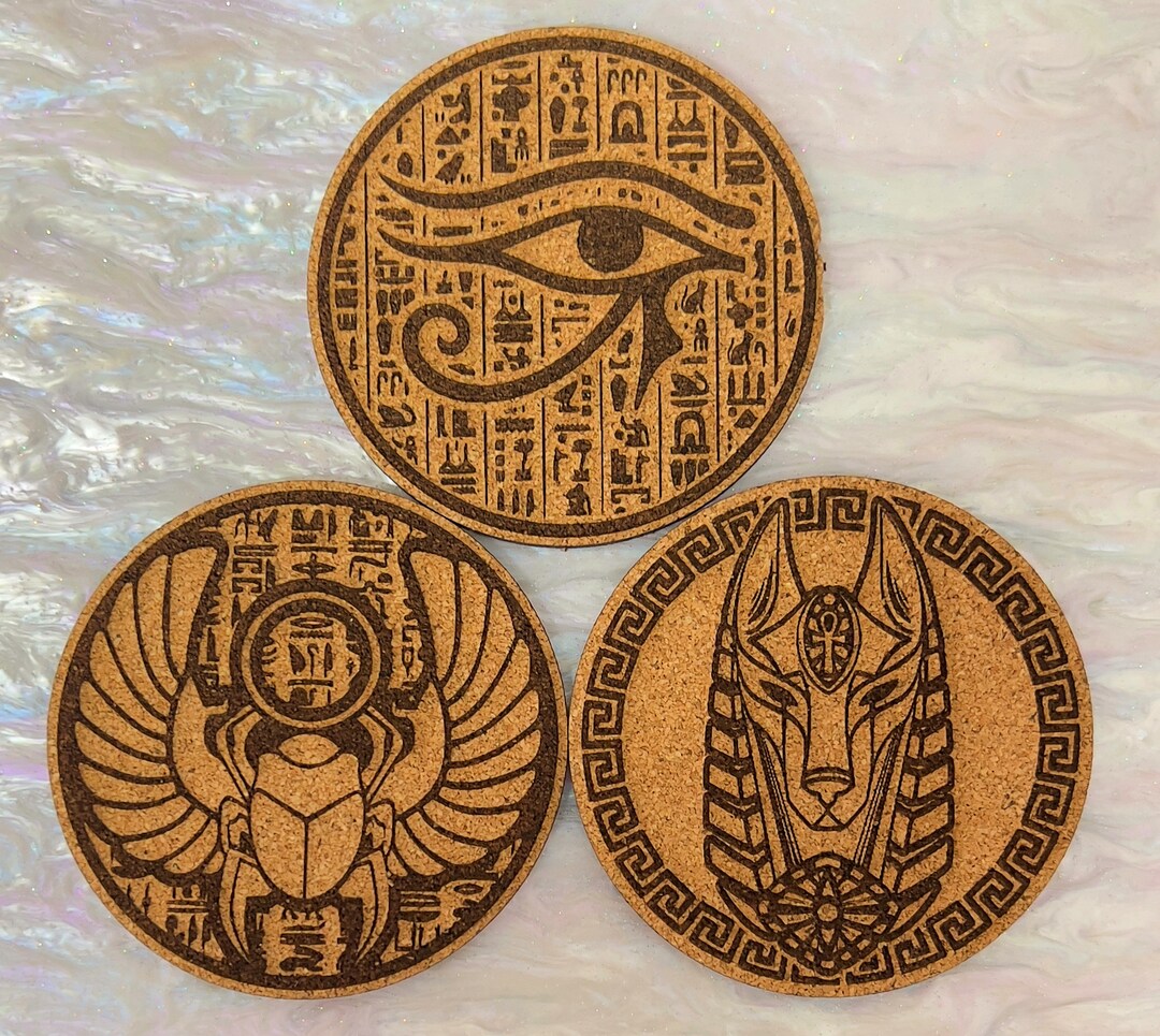 Set of 6 Ancient Egyptian Cork Coasters Unique Hieroglyphic Designs ...