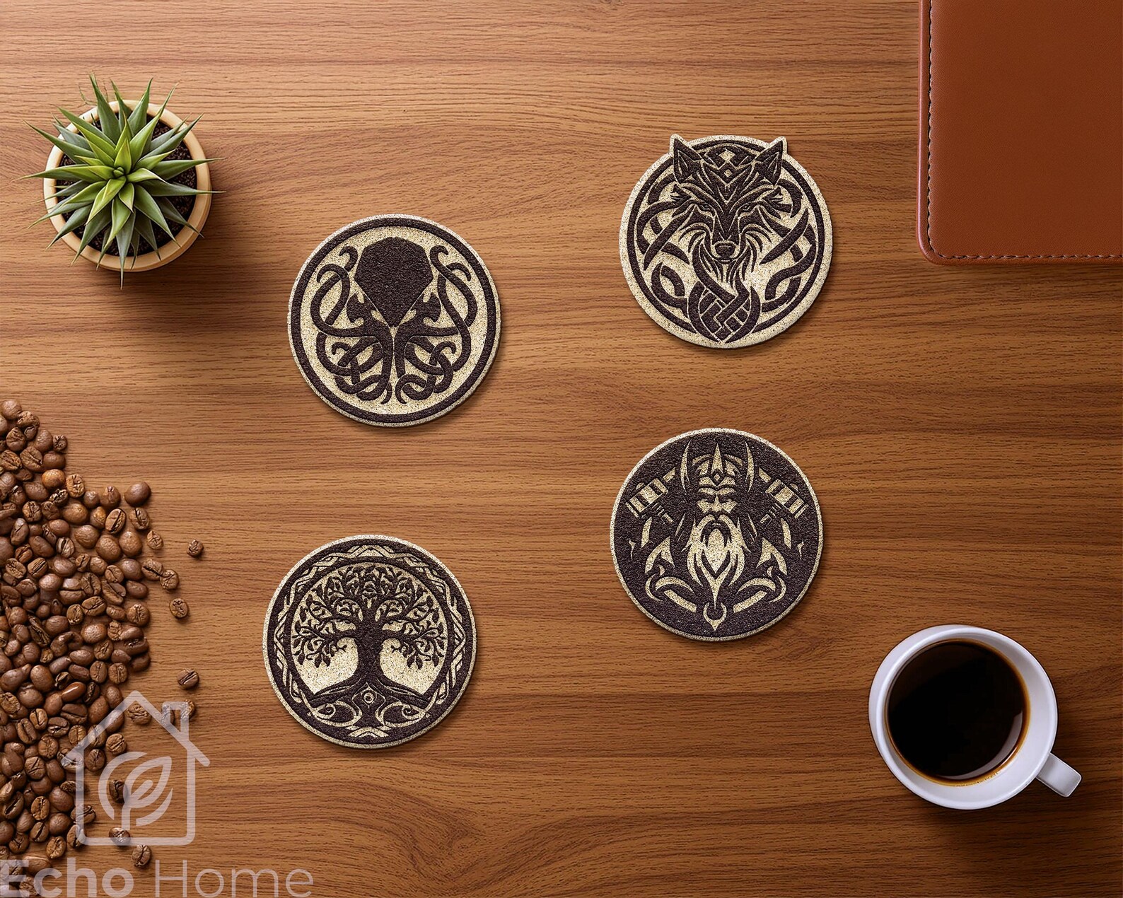 Viking-themed Handmade Cork Coasters Celtic Symbols Pagan Home Decor ...