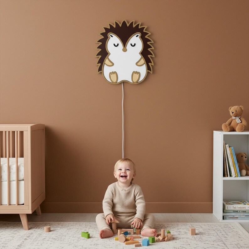 Hedgehog Night Light | Wooden Nursery Wall Lamp, Dimmable LED - Etsy UK
