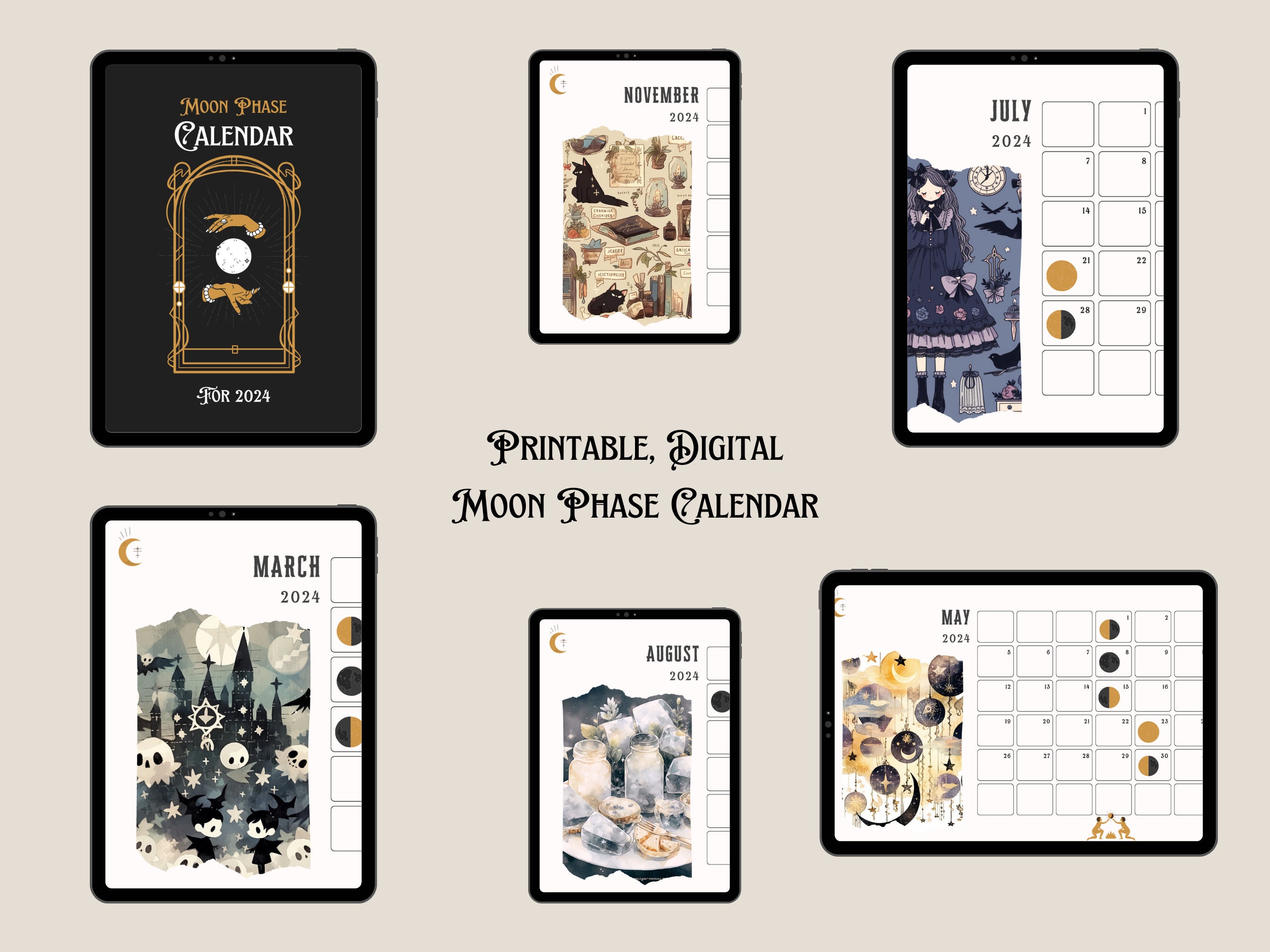 Moon Phase Calendar 2024, Printable Download, Lunar Calendar 2024 ...