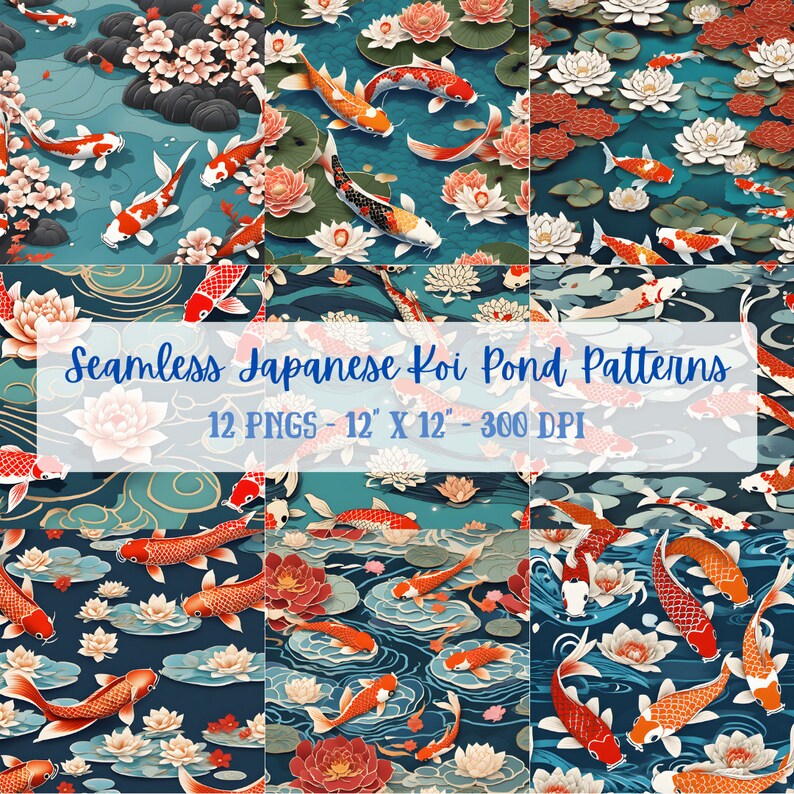 9 Koi Pond Designs - PNGS - 12" X 12"- Japanese Style Digital Designs ...