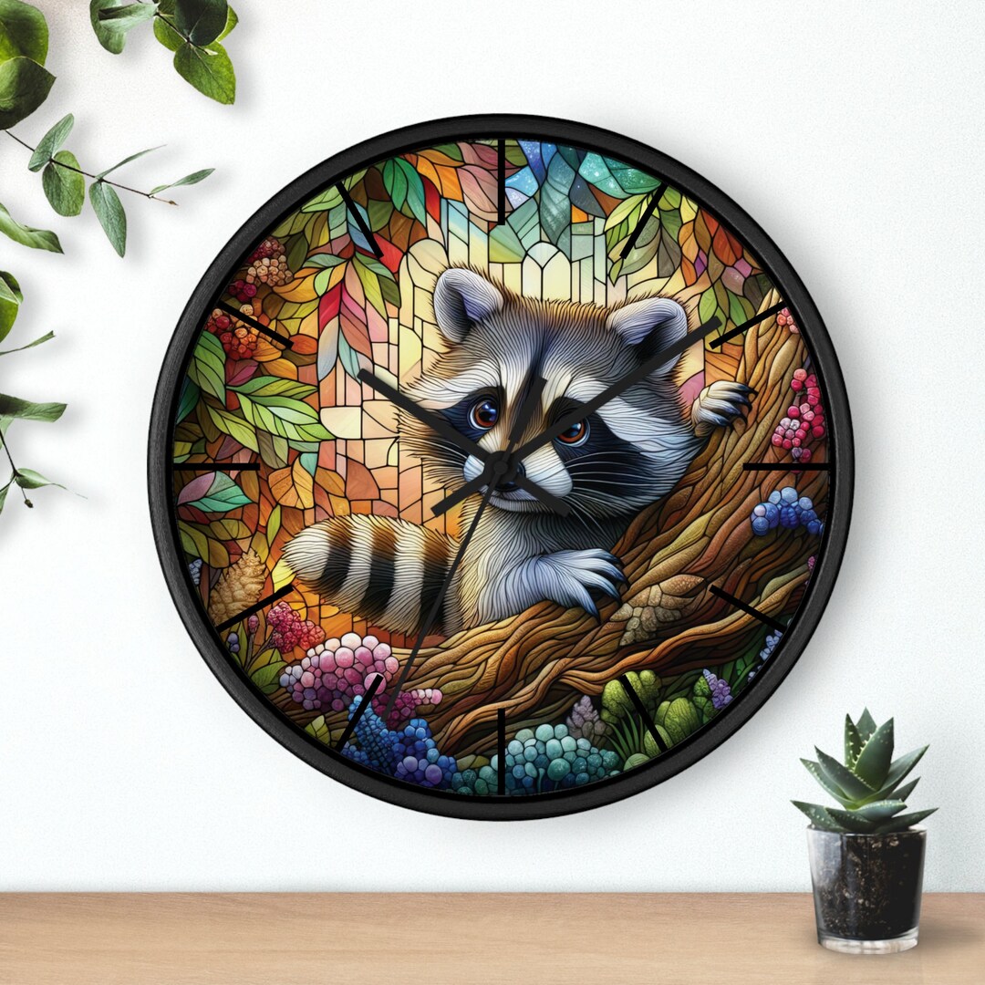 Raccoon Wall Clock Jungle Inspired Wall Clock Stained Glass Wall Home ...