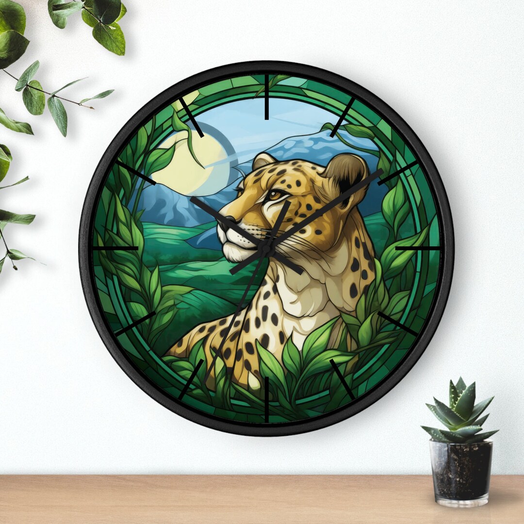 Cheetah Wall Clock Jungle Inspired Wall Clock Stained Glass Wall Home ...