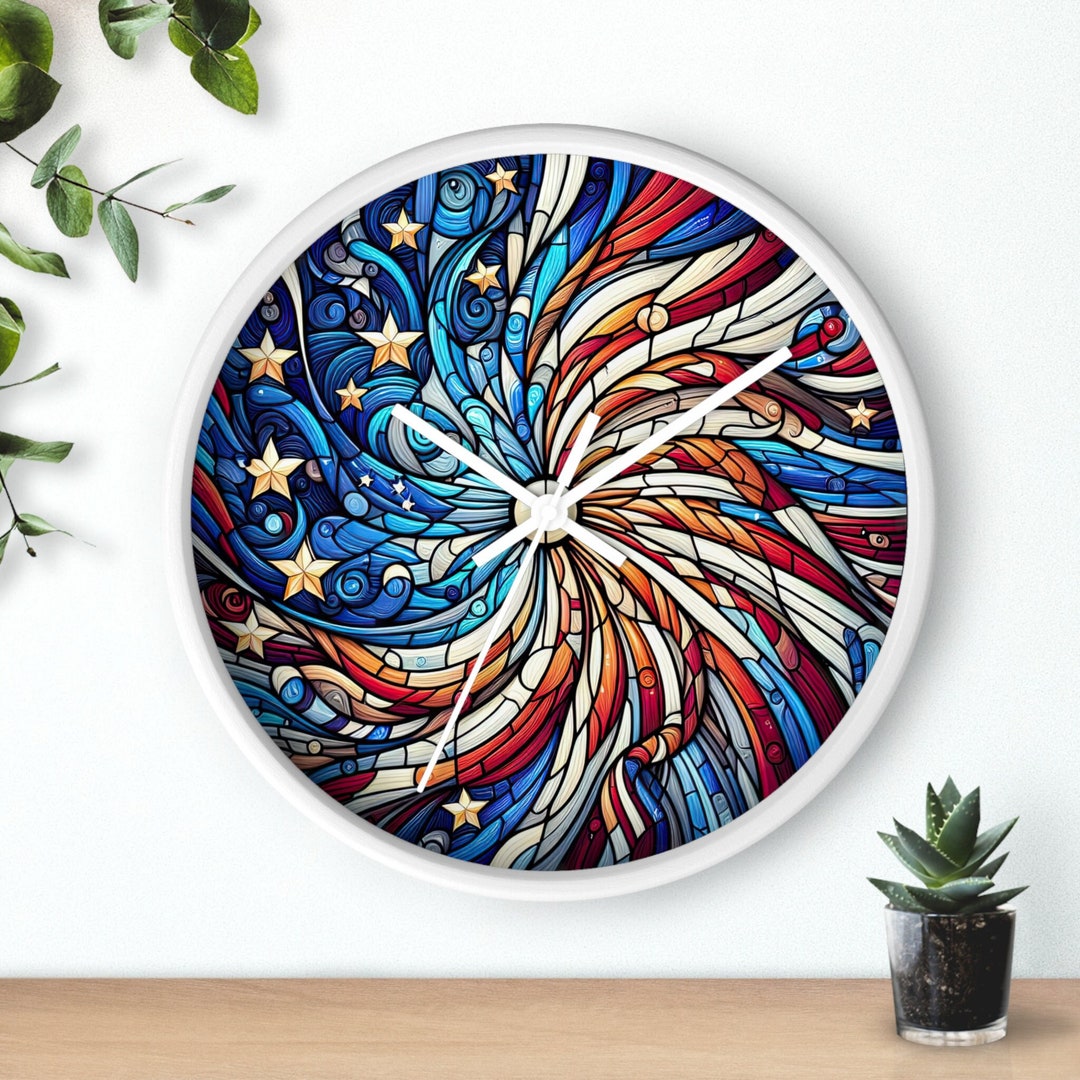 4th of July Wall Clock American Flag Stained Glass Aesthetic Multicolor ...