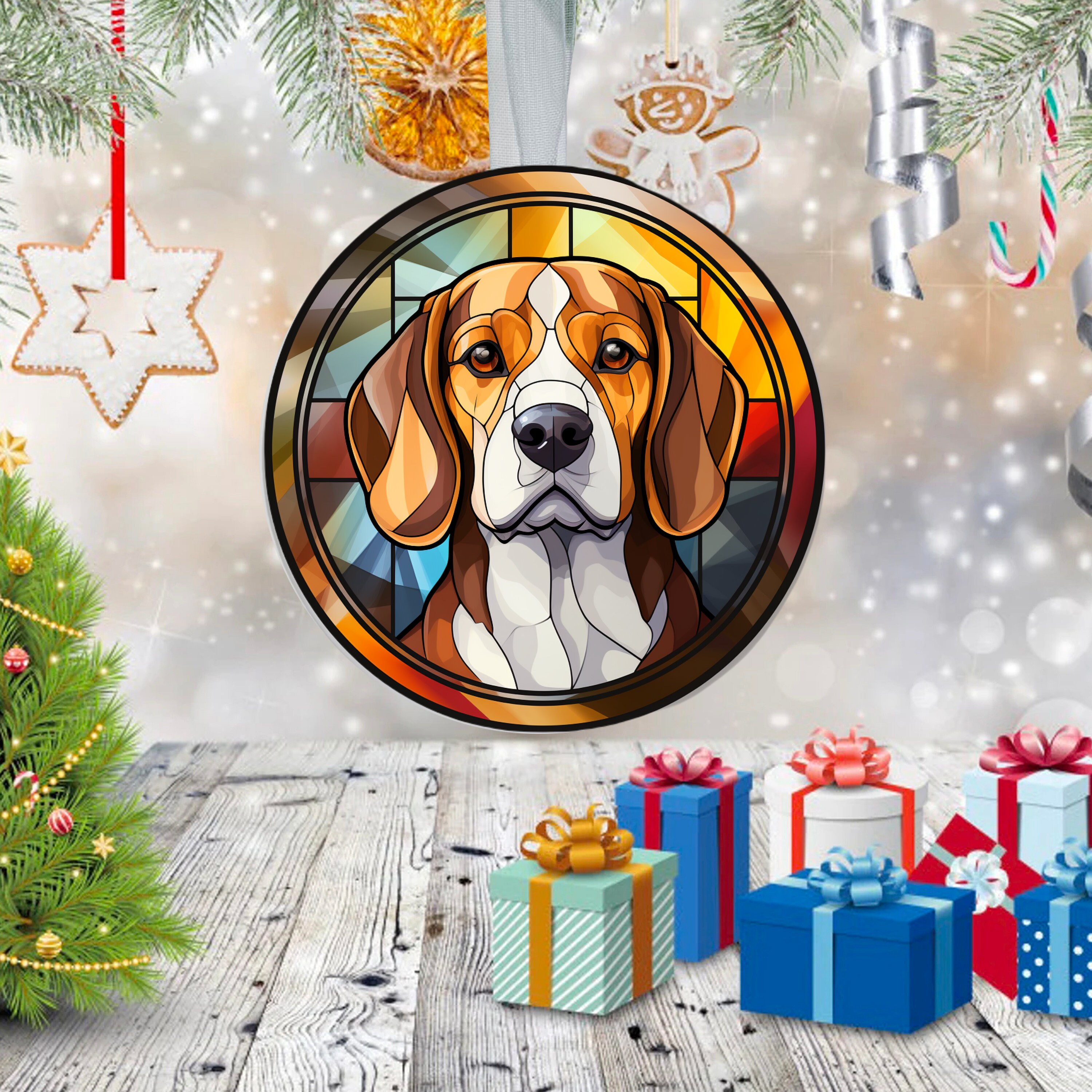 Beagle Christmas Ornament Stained Glass Aesthetic Dog Ornament ...