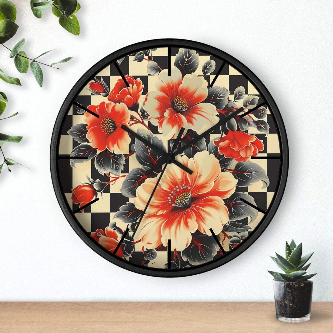 Retro Flowers Wall Clock Checkered Style Flowers Lover Wall Home Decor ...