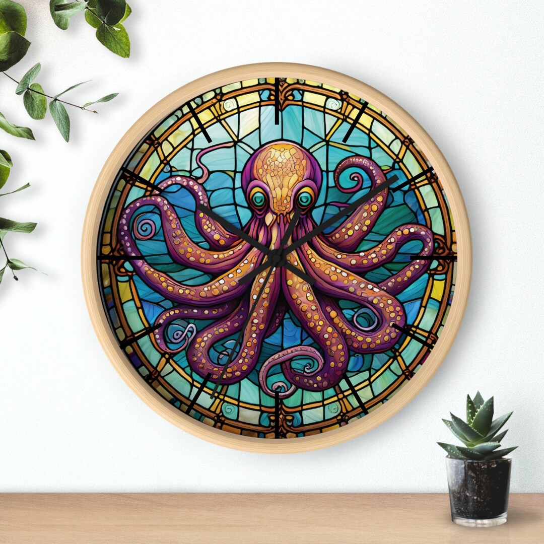 Octopus Clock Stained Glass Nature Wall Clock Octopus Inspired Wall ...