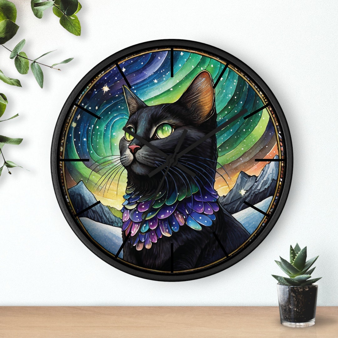 Black Cat Wall Clock Night Inspired Wall Clock Stained Glass Wall Home Decor Unique Design Cat ...