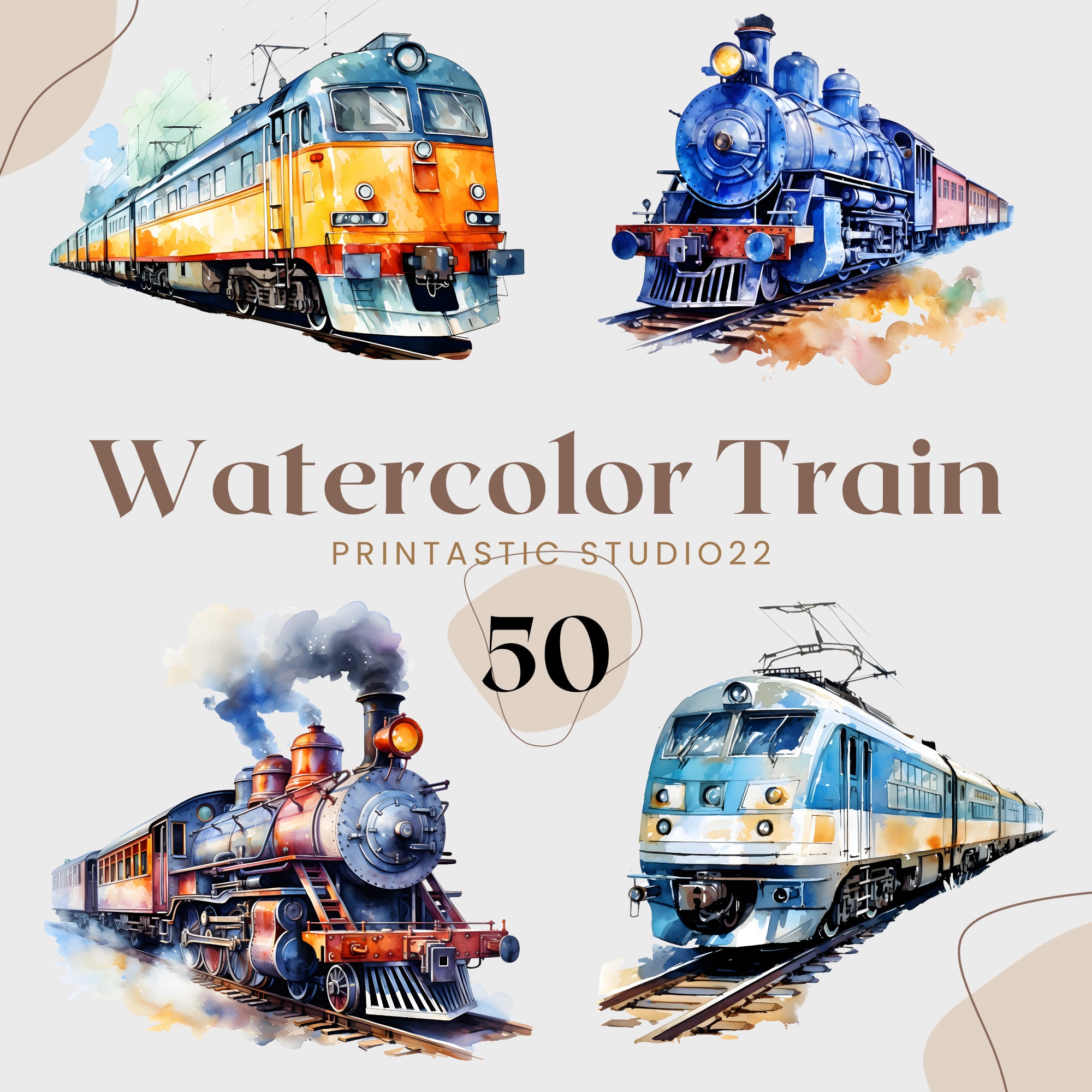Train Watercolor Bundle, Steam Locomotive Clipart in Watercolor ...