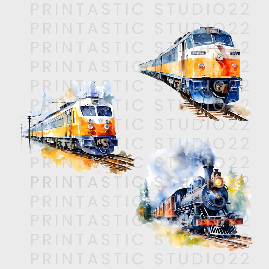 Train Watercolor Bundle, Steam Locomotive Clipart in Watercolor ...