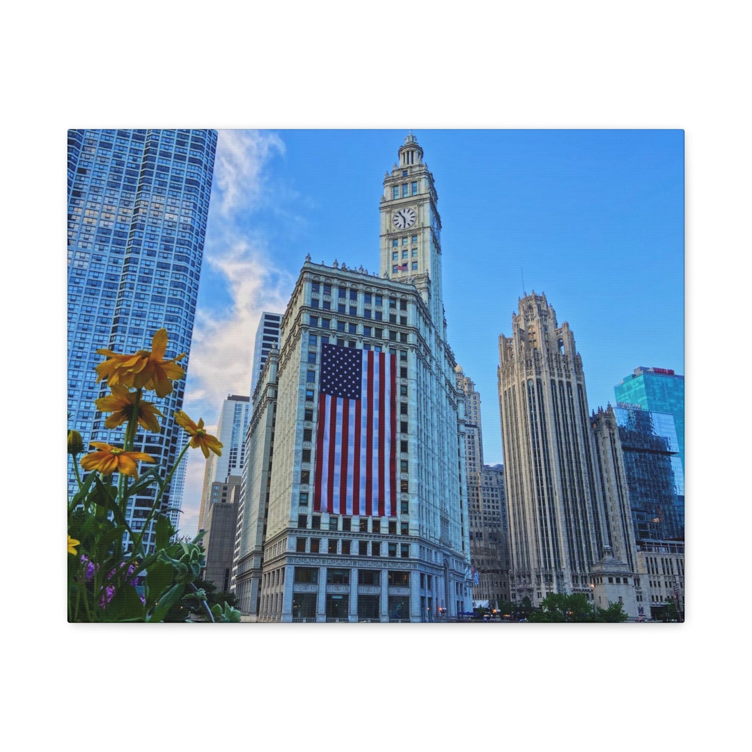 Chicago Wrigley Building & Flag Canvas Gallery Wraps - Etsy