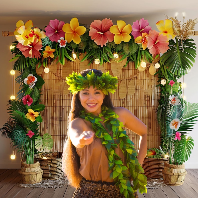 Tropical Luau Backdrop: Bamboo & Flowers, Hawaiian Party (PNG Download ...