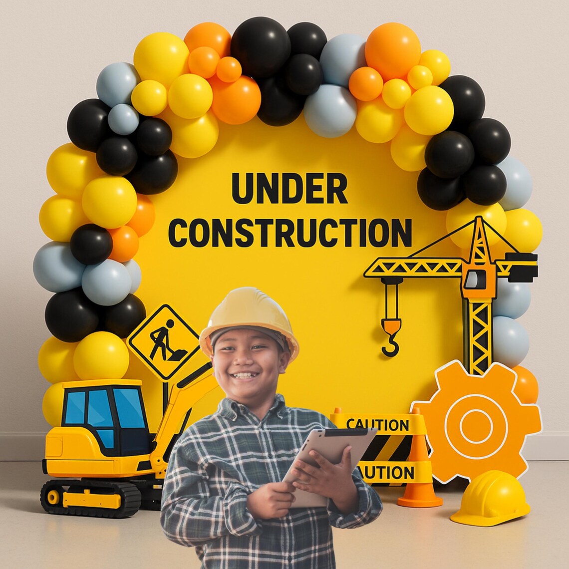 Construction Party Backdrop Bundle: Trucks, Balloons, Caution Signs ...