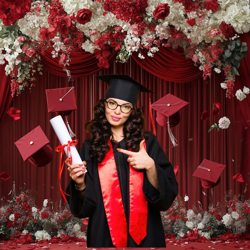 Luxury Red Graduation Backdrop | Red Cap Toss With Roses | Digital ...