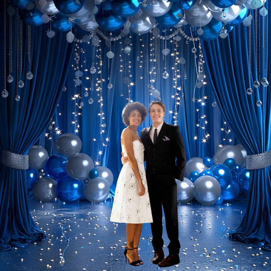 Silver & Blue Balloon Digital Backdrop | Luxury Event Background | Prom ...