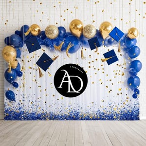 Blue and Gold Graduation Backdrop | Elegant Cap Toss and Balloon Arch ...