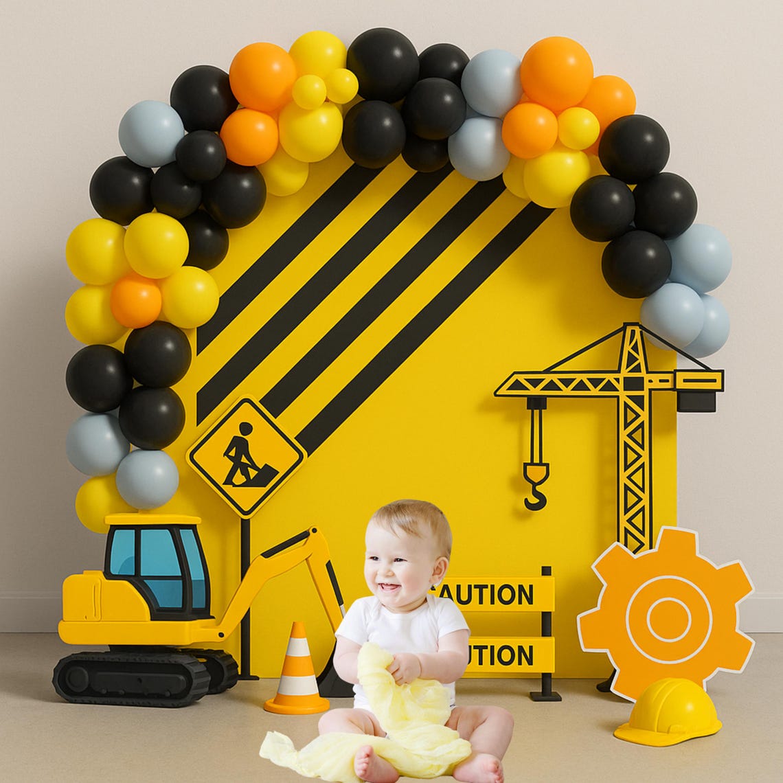 Construction Party Backdrop Bundle: Trucks, Balloons, Caution Signs ...
