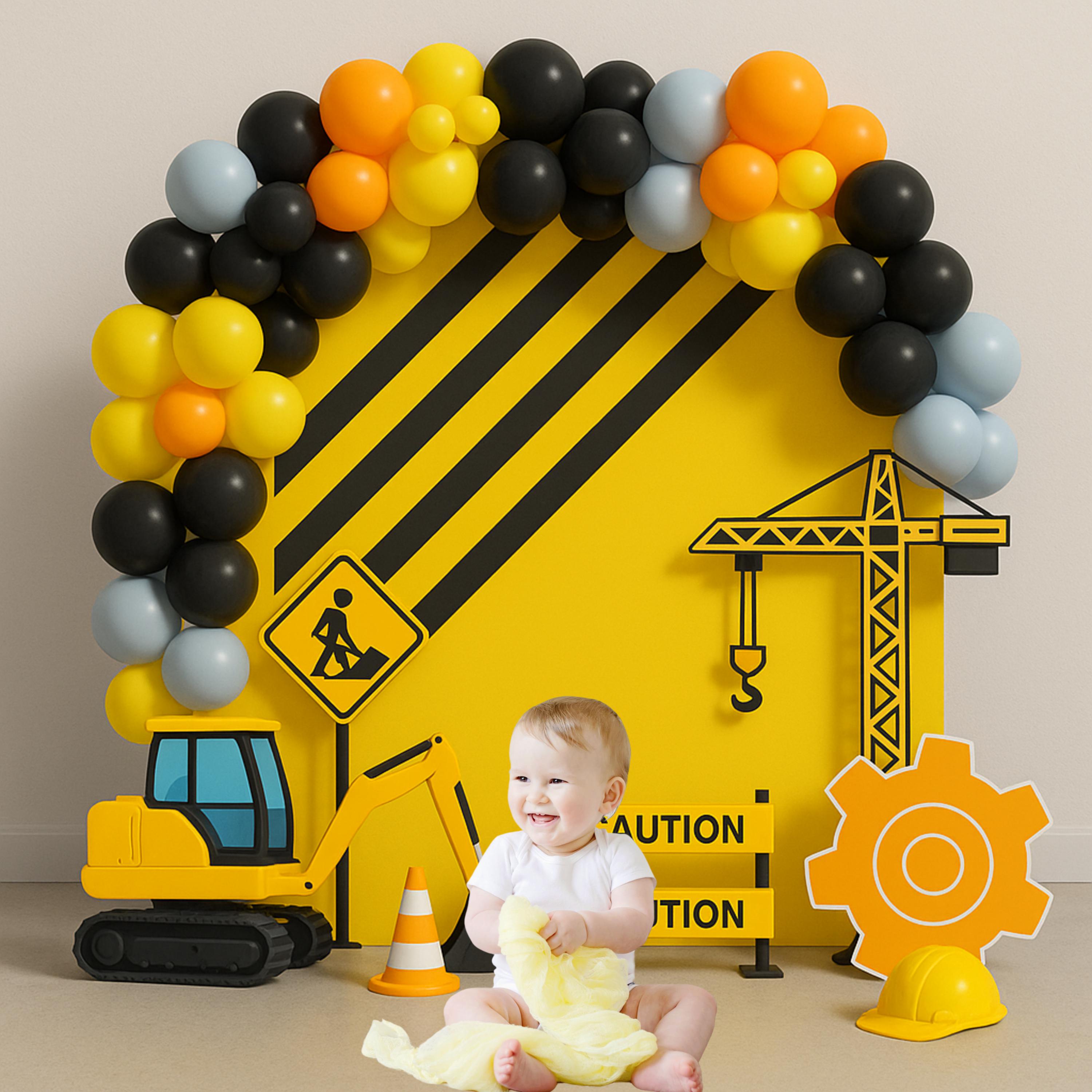 Construction Party Backdrop Bundle: Trucks, Balloons, Caution Signs ...