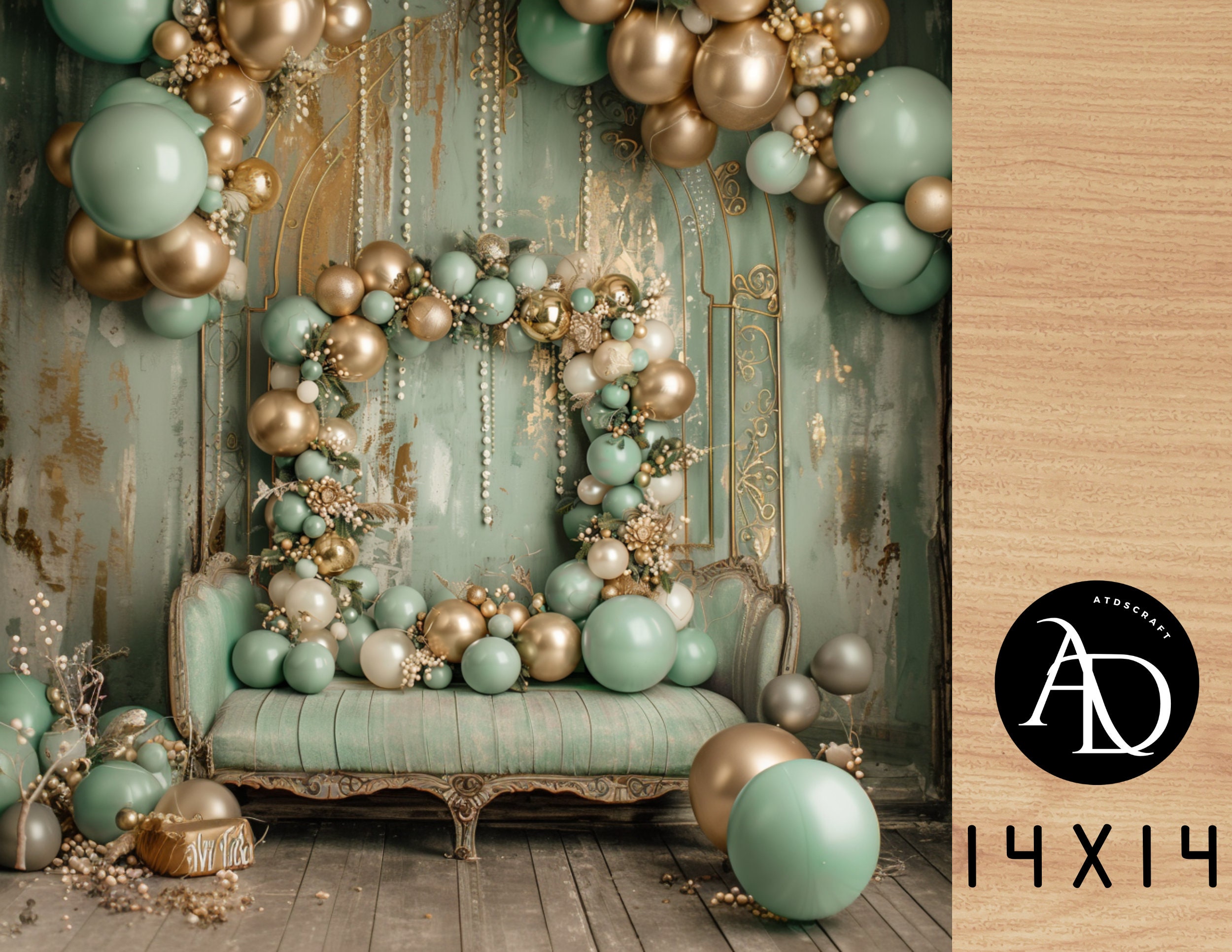 Sage Green Gold Balloon Garland Digital Backdrops, Family Kids ...
