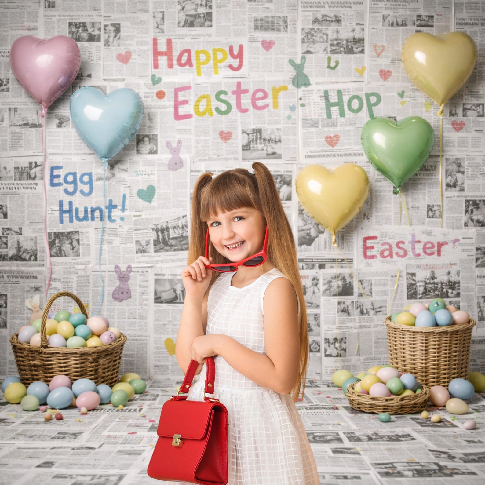 Easter Newspaper Backdrop Photo | Heart Balloons Egg Hunt Easter ...