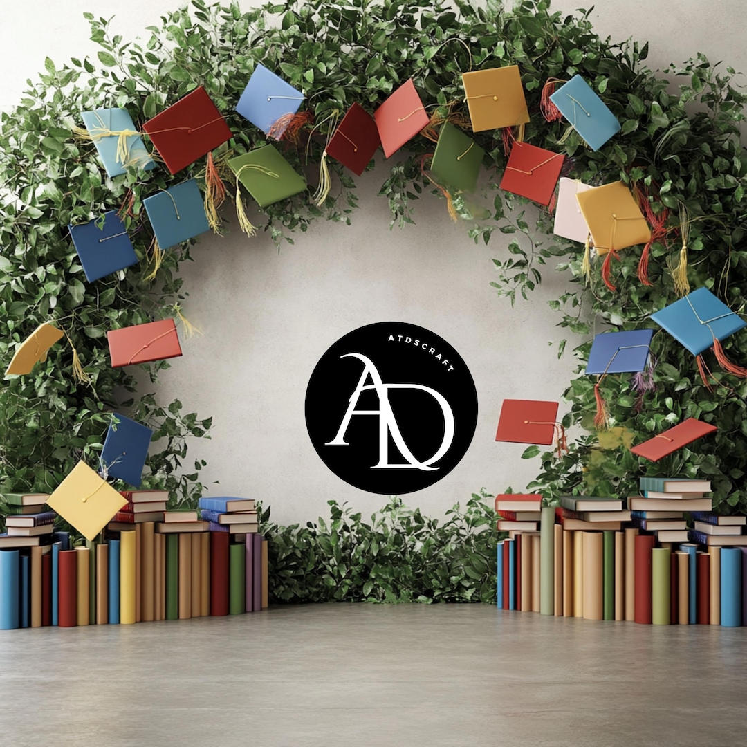Graduation Books and Caps Backdrop | Vibrant Cap Toss With Book Stacks ...