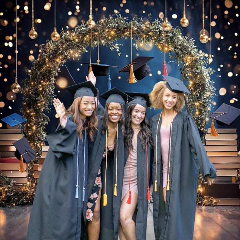 Graduation Sparkle Night Backdrop | Books, Cap Toss, and Fairy Lights ...