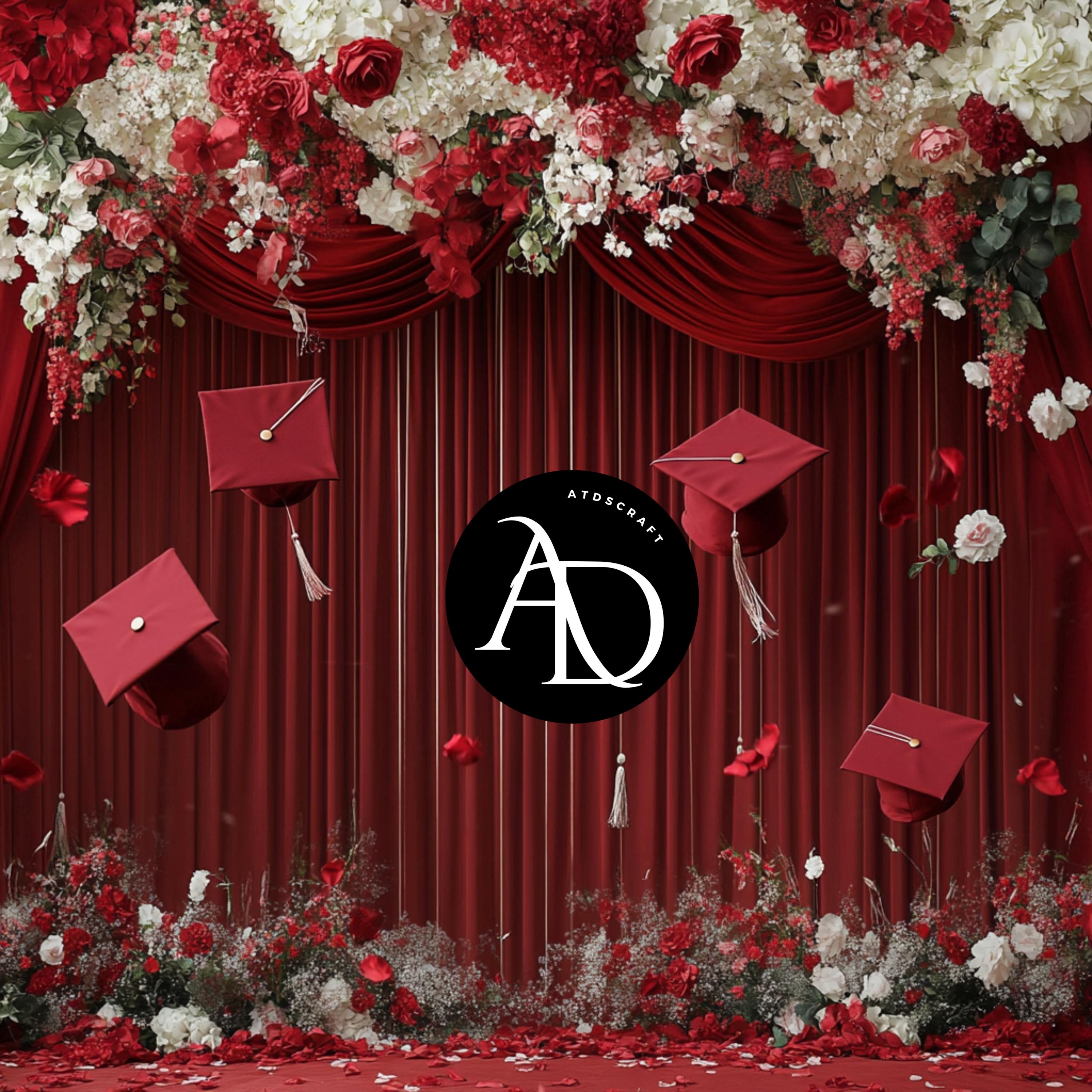 Luxury Red Graduation Backdrop | Red Cap Toss With Roses | Digital ...