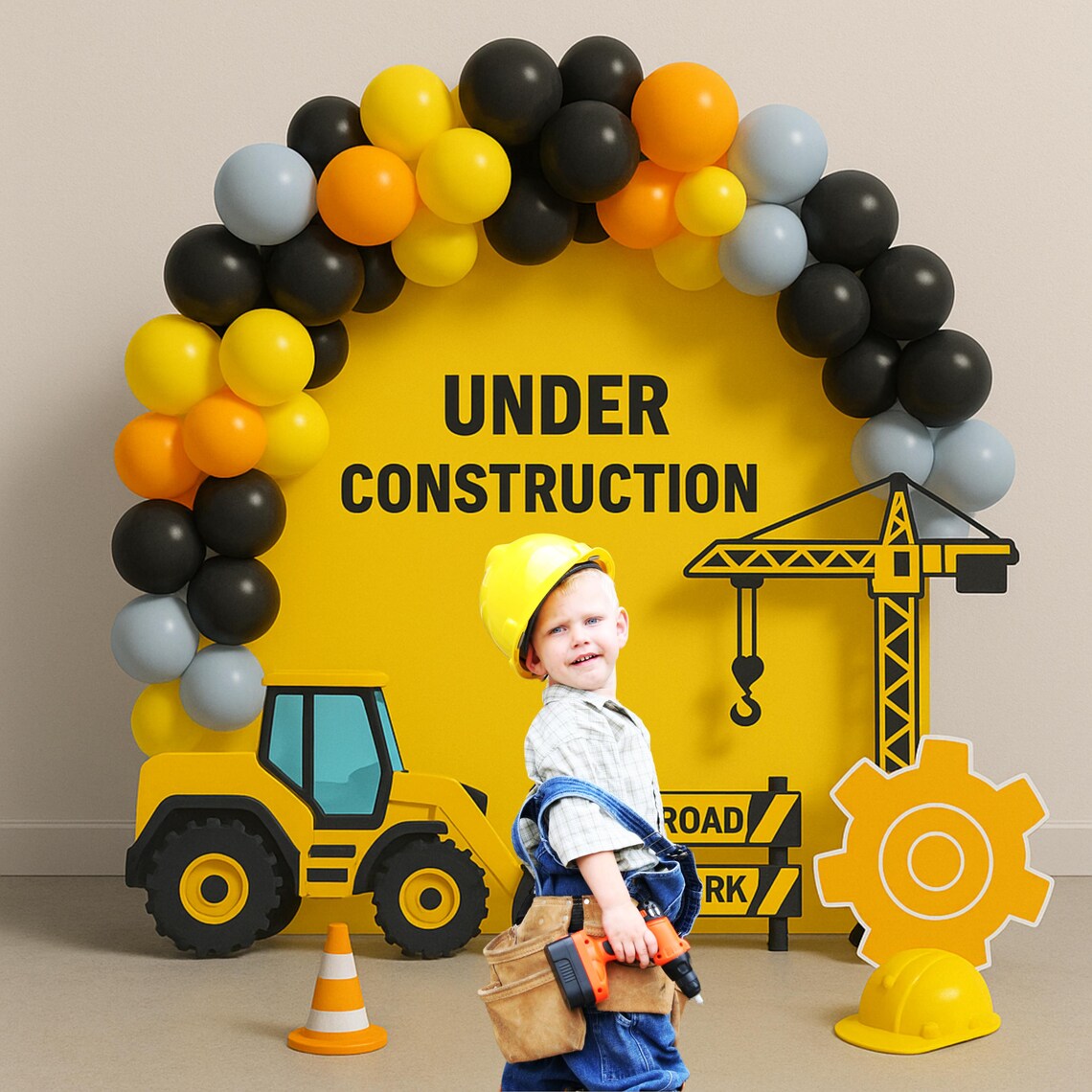 Construction Party Backdrop Bundle: Trucks, Balloons, Caution Signs ...